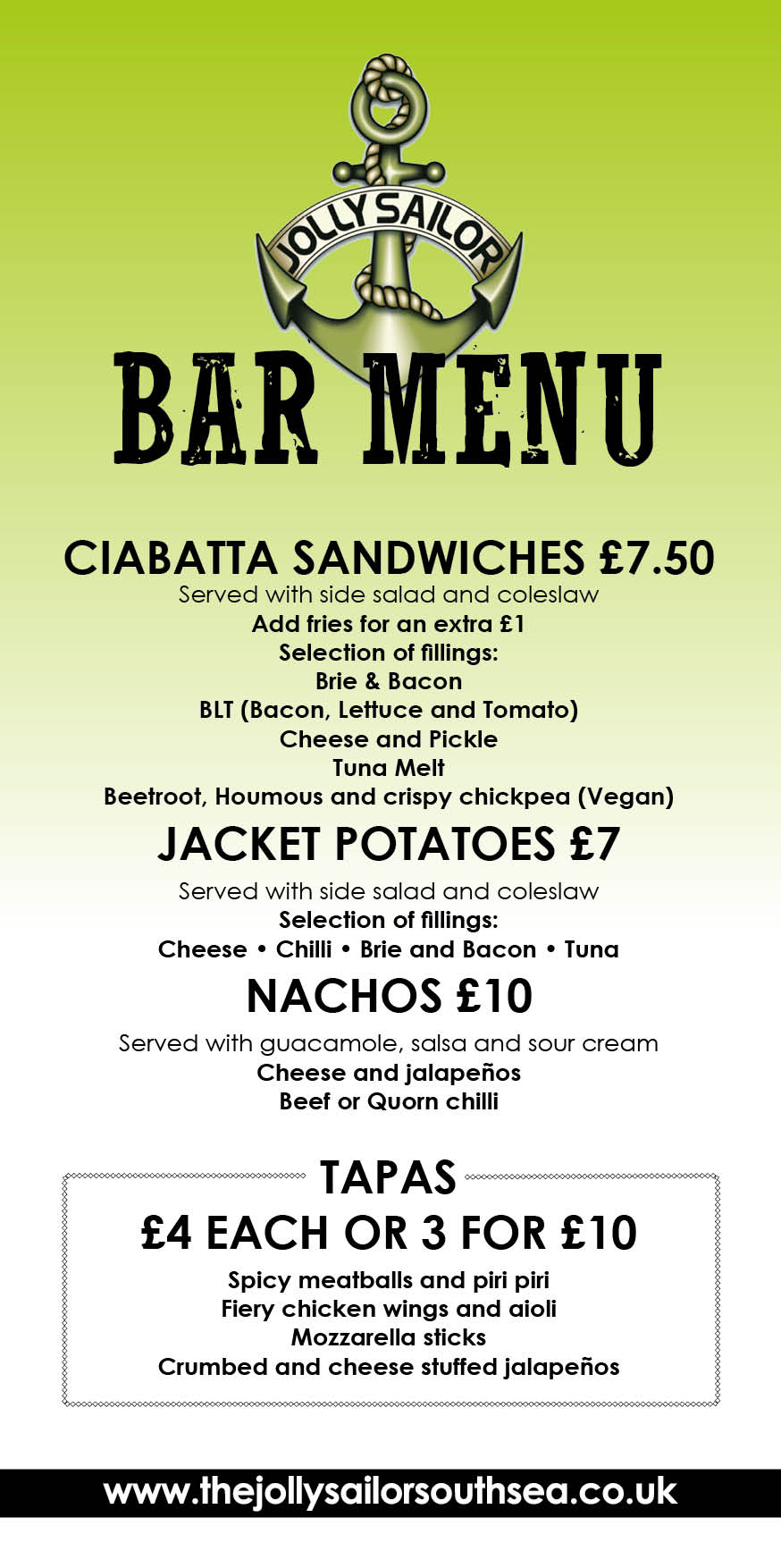 Menu – • The Jolly Sailor • Southsea