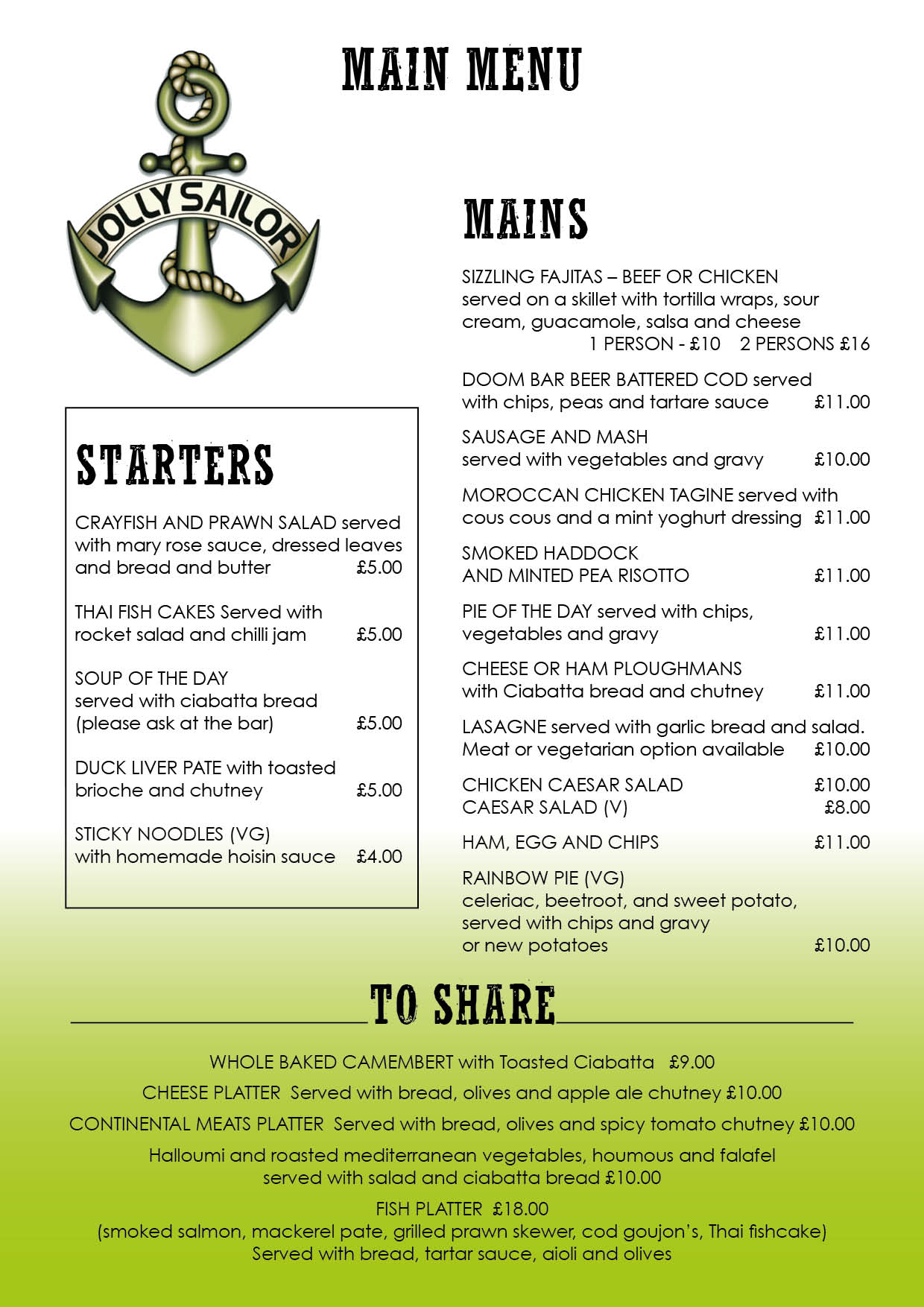 Menu – • The Jolly Sailor • Southsea